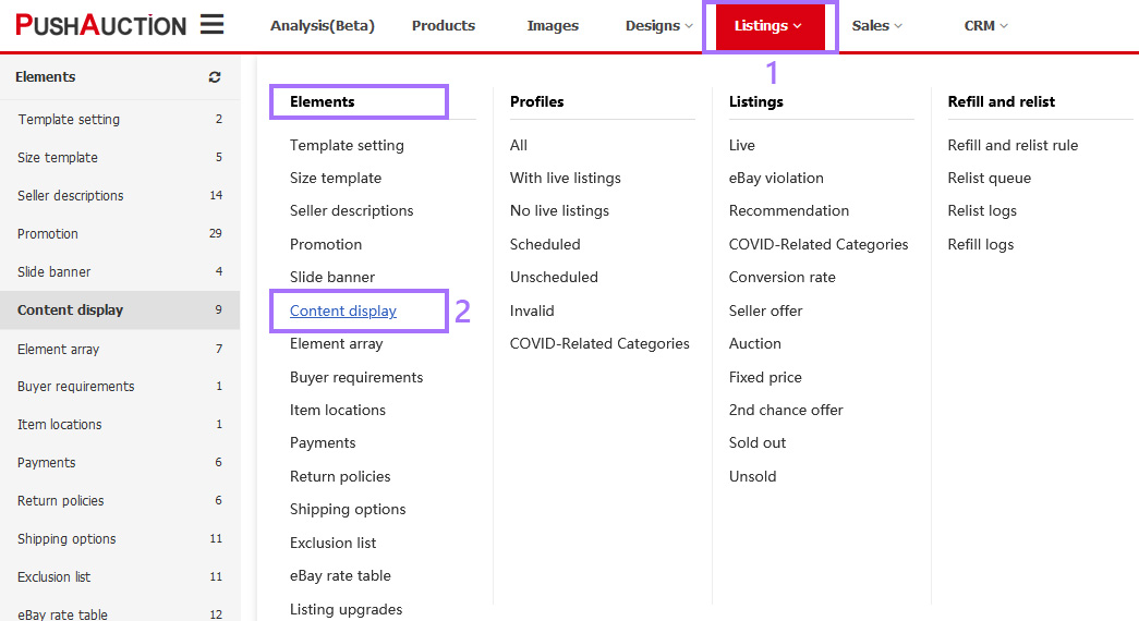 Content display - PushAuction