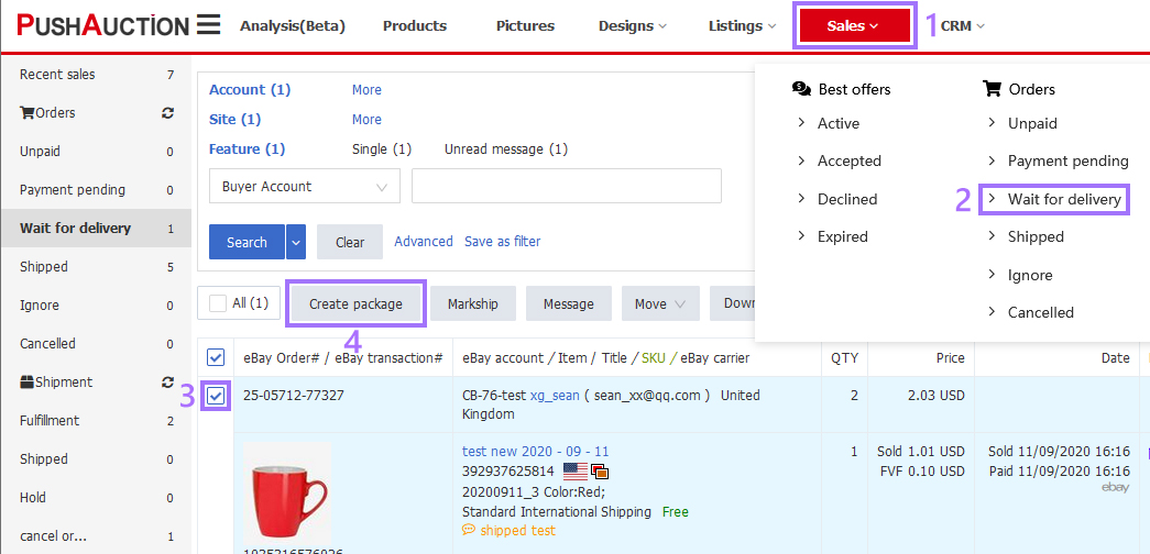 Sales > Order > Manage User-defined shipping orders - PushAuction